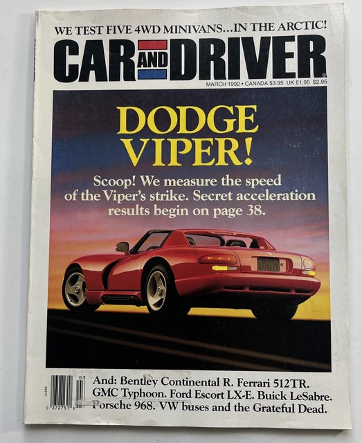 CAR & DRIVER Magazine VTG March 1992 Dodge Viper Bentley Ferrari Ford ...