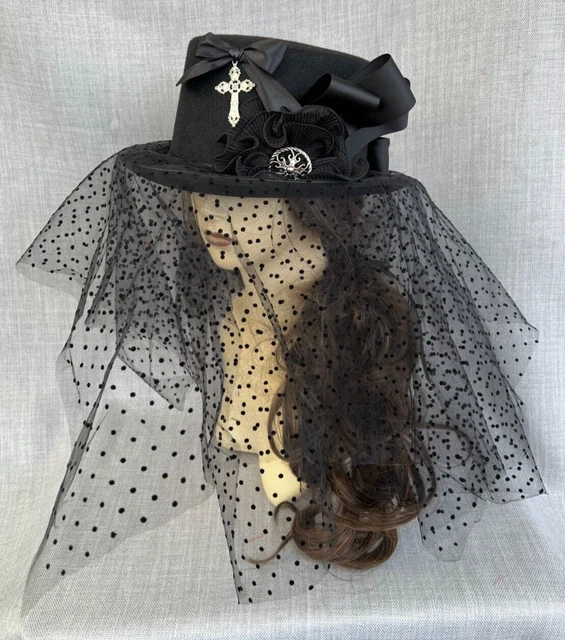 UNIQUE BLACK GOTHIC Top Hat Roses No Feathers Polka Dot Veil Cross 57cm ...