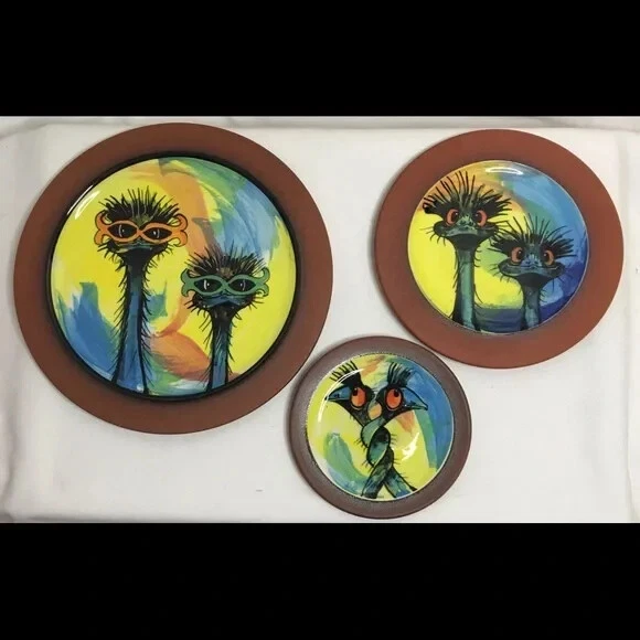 SET 3 WENDY Binks Plates illustration. Quirky cute 3 piece emu pottery ...
