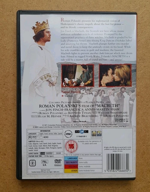 MACBETH DVD ROMAN Polanski 1971 Drama Film Adaptation Martin Shaw, Jon ...