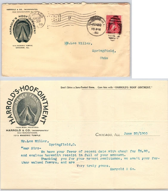 1900~HARROLD'S HOOF OINTMENT~LETTERHEAD & Envelope~Chicago IL~Masonic~Antique £40.92 - PicClick UK