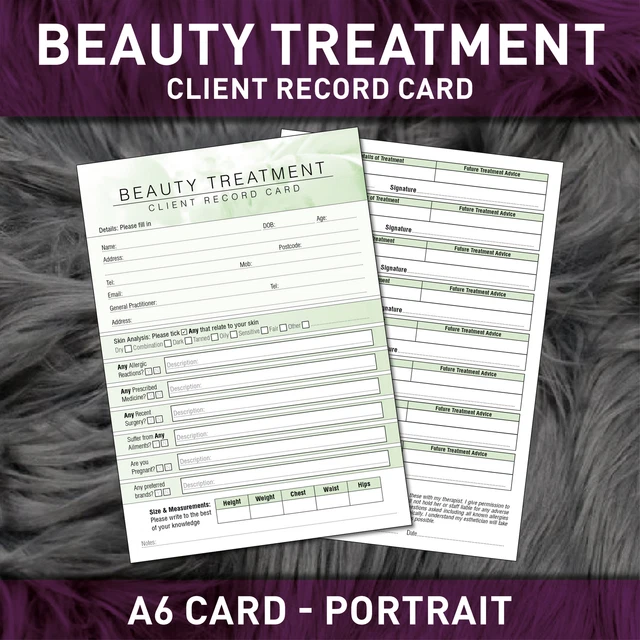 BEAUTY CLIENT RECORD Card Consultation Form Treatment Salon Therapists ...