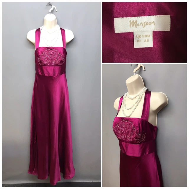MONSOON FUCHSIA PINK Silk Beaded Halter Occasion Dress UK 10 EU 38 US 6 ...