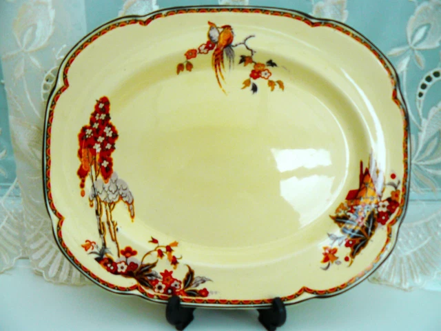 WOODS IVORY WARE *ART DECO * MEAT PLATTER 29cm x 23.5cm SYLVANIA BIRDS ...