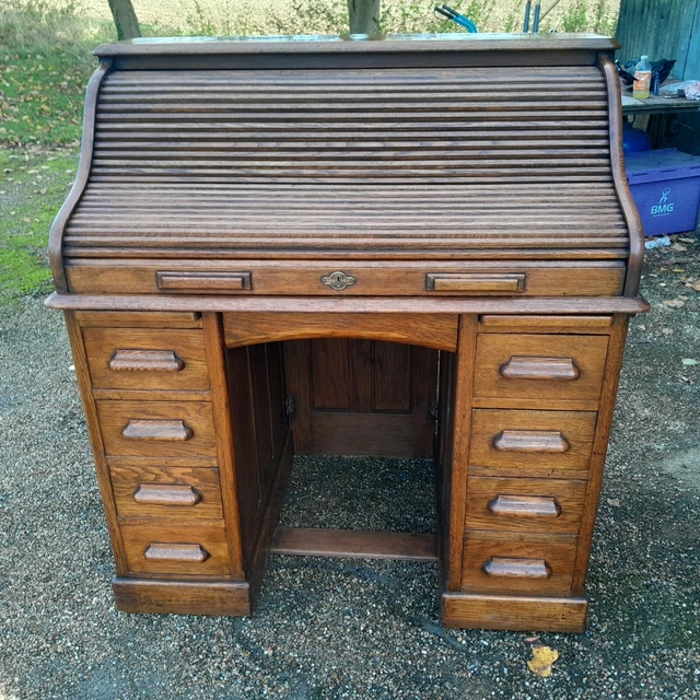 ANTIQUE OAK LEBUS roll top desk, edwardian,office,chest Of Drawers,lock ...