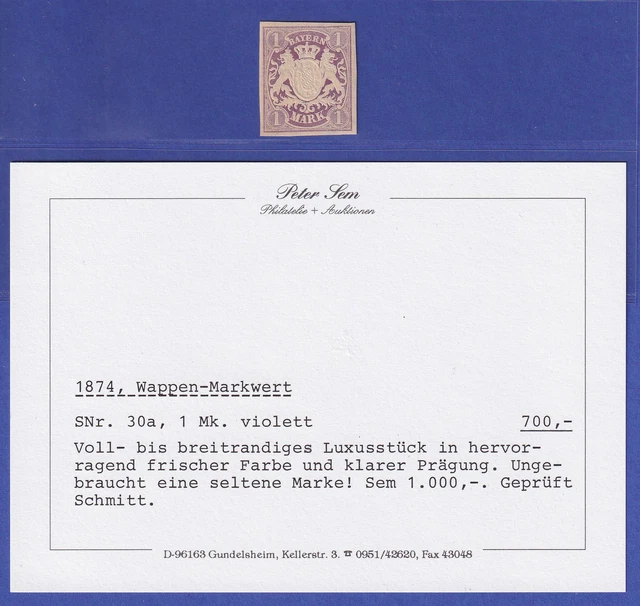 BAYERN WAPPEN 1 Mark violett Mi.-Nr. 30 a ungebraucht * gepr. SCHMITT ...