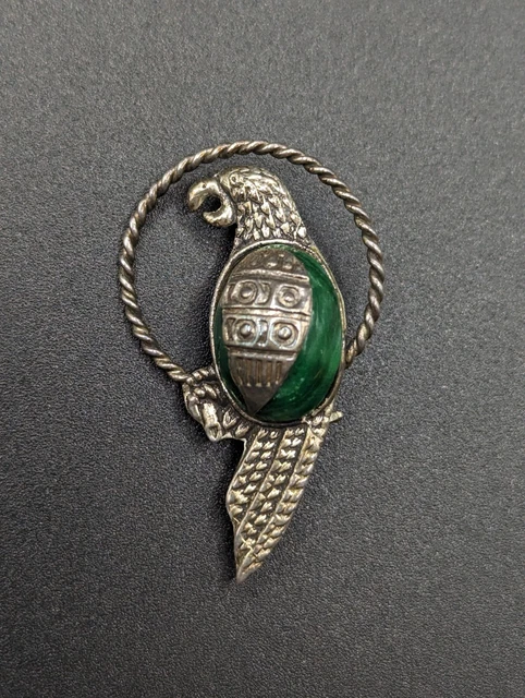 VINTAGE STERLING SILVER Malachite Parrot Brooch Mexico Tax Stamp C 1940 ...