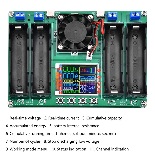 DC 4-CHANNEL 18650 Battery Capacity Resistance Tester Charging ...