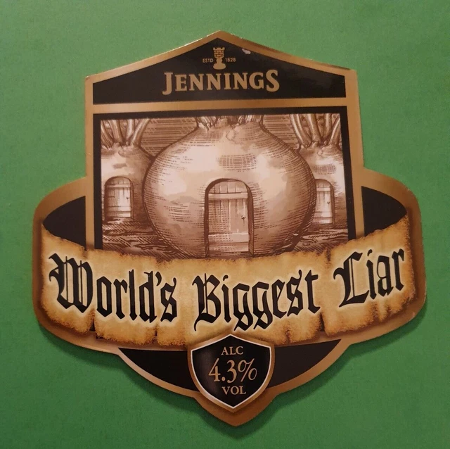 BEER PUMP CLIP badge JENNINGS brewery WORLD'S BIGGEST LIAR ale Lake ...