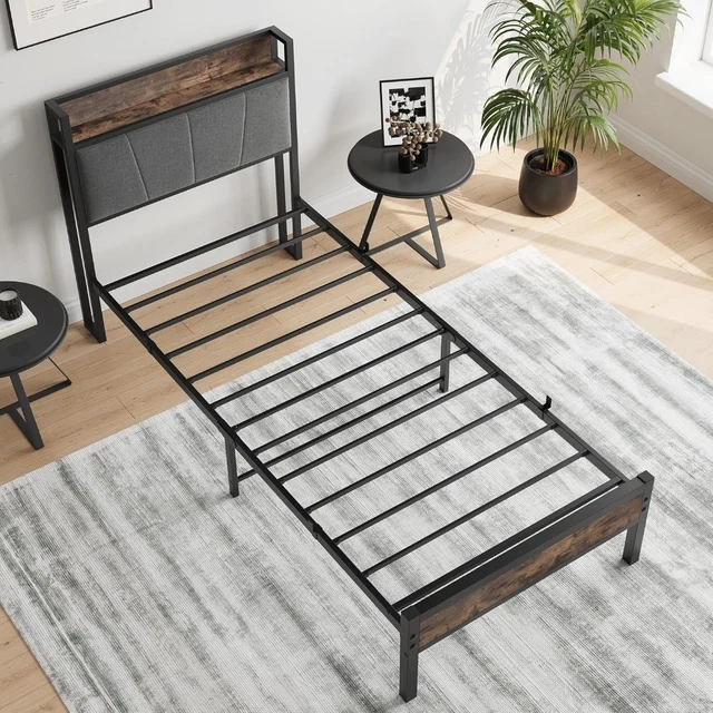 SINGLE BED FRAME with Storage Headboard Heavy Duty Metal 3ft ...