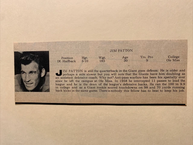 PANNEAU PICTURAL DE football Jimmy Patton New York Giants 1963 PFI 7X3 ...