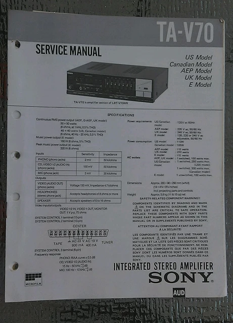 SONY TA V70 Service Manual schematic stereo amplifier amp Original ...