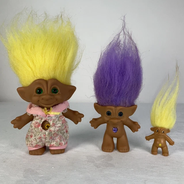 2 TROLL DOLLS 4" Ace Novelty Treasure Troll Pink dress and PJ's belly ...