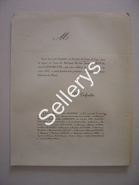 FAIRE PART DÉCÈS de Madame Marie Anne MANTION née LATOURETTE 1835 Abbé Mantion EUR 24,90 ...