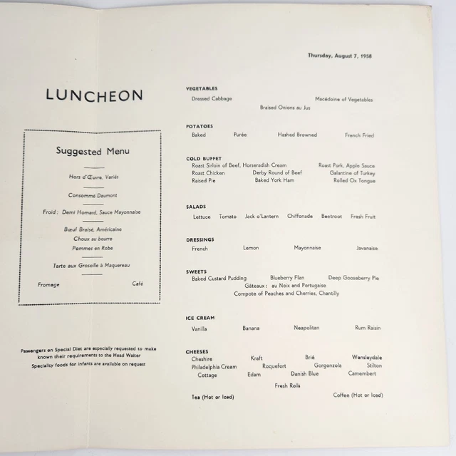 VINTAGE 1958 CUNARD Line Luncheon Menu Ocean Liner RMS Carinthia Artist ...