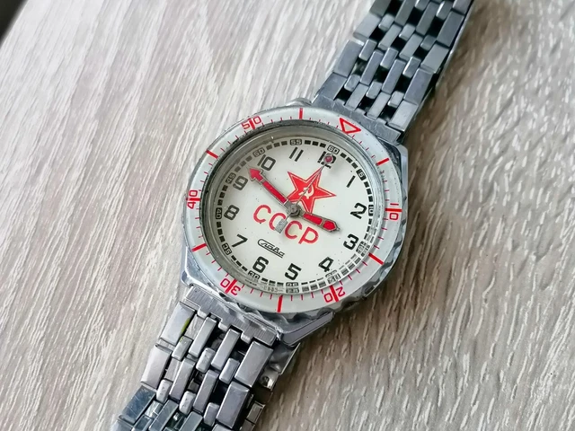 HERREN UHR SLAVA Rare quartz vintage Soviet Diver watch Red Star Ussr ...