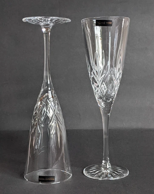 PAIR LOVELY VINTAGE Thomas Webb Crystal Champagne Flutes Glasses w ...