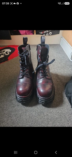 NEW ROCK LEATHER Combat Ankle Boots Lace-Up Burgundy/Black UK 6 Cap Toe ...
