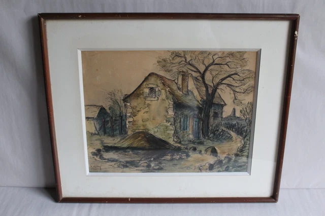 TABLEAU ANCIEN, AQUARELLE et encre, ferme campagne, signée, dim 43x36.5 cm EUR 85,00 - PicClick FR