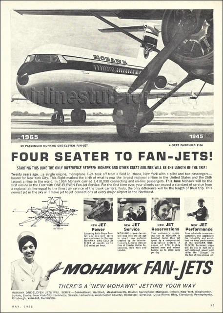 1965 MOHAWK AIRLINES BAC ONE-ELEVEN 1-11 FanJet ad advert British ...