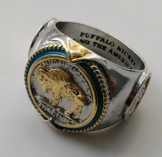 BUFFALO NICKEL SILVER Gold Coin Ring Wild West Animal Cowboys Indians ...