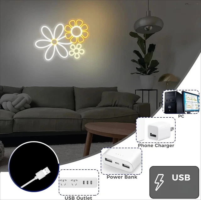 DAISY NEON SIGN LED Neon Light for Wall Decor USB Powered Flower Night ...