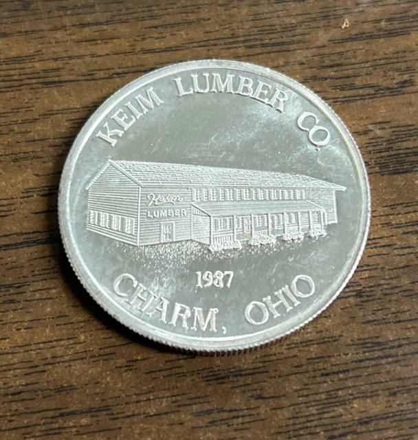 1 OZ SILVER round 1987 Keim Lumber Co. Charm Ohio .999 Fine Silver ...