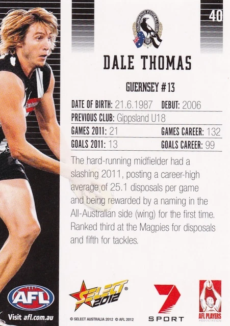 AFL 2012 SELECT Collingwood Magpies - Dale Thomas Card No.40 $2.20 ...