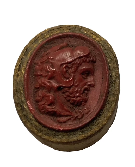 MÉDAILLON CIRE ROUGE Camée Soldat Romain Signifer Peau de Lion XIXème ...