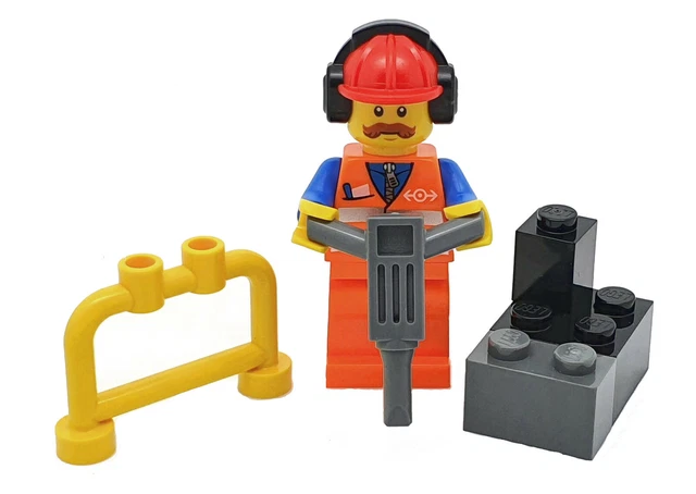 LEGO CITY CONSTRUCTION Workers with Compressed Air Hammer and Barrier ...