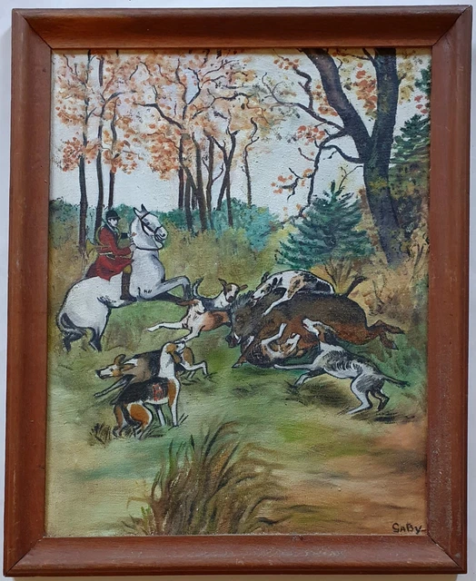 TABLEAU HUILE SUR Toile chasse en automne signé Gaby. EUR 20,00 ...
