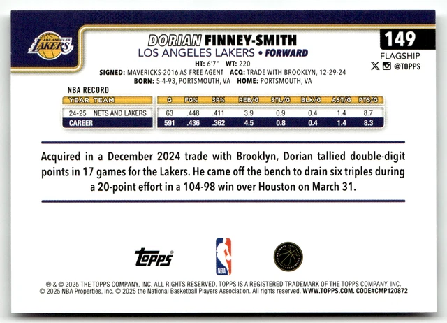 TOPPS NBA FLAGSHIP 2025 No. 149 Dorian Finney-Smith Tip-Off Holo EUR 1 ...