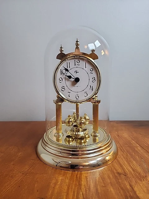 VINTAGE ELGIN MANTEL Quartz Clock w Glass Dome Rotating Pendulum Tested ...