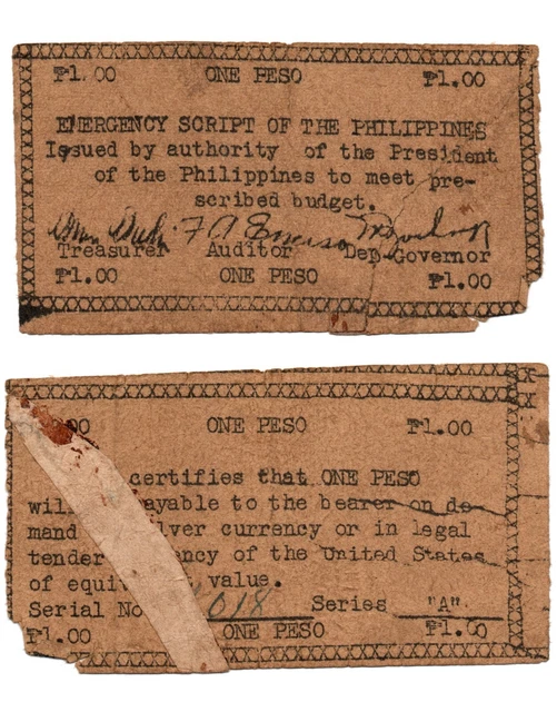 PHILIPPINE S124 1942 ND APAYAO 1 Peso Emergency Script Note Only 9k ...