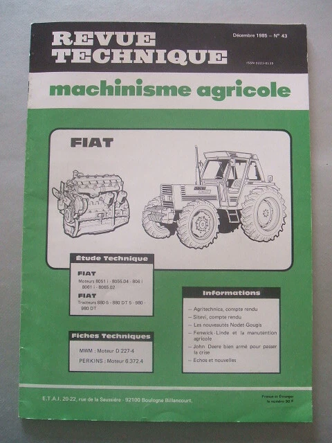 REVUE TECHNIQUE TRACTEUR FIAT 880 880-5 880 DT5 980 980-5 DT 2 roues et 4 roues EUR 45,00 ...