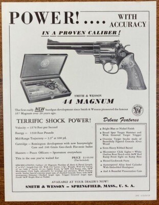 SMITH & WESSON Advertising Sales Sheet 1950s Mini Poster 44 Magnum Gun ...