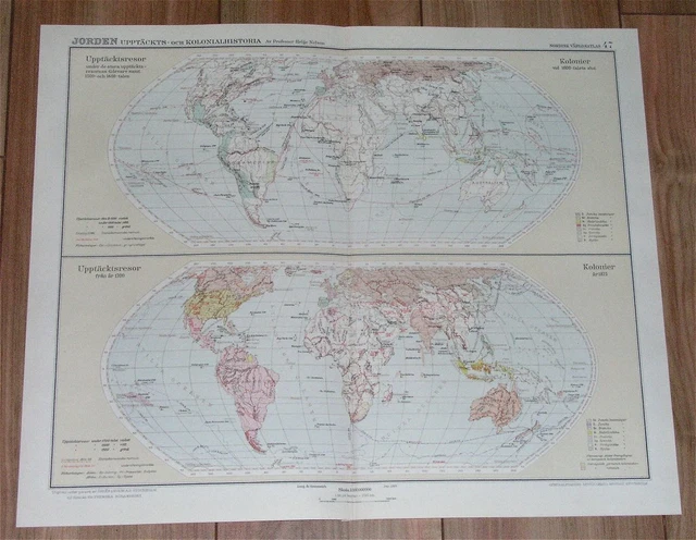 1926 ORIGINAL VINTAGE Swedish World Map Of Discoveries And Colonies £8. ...