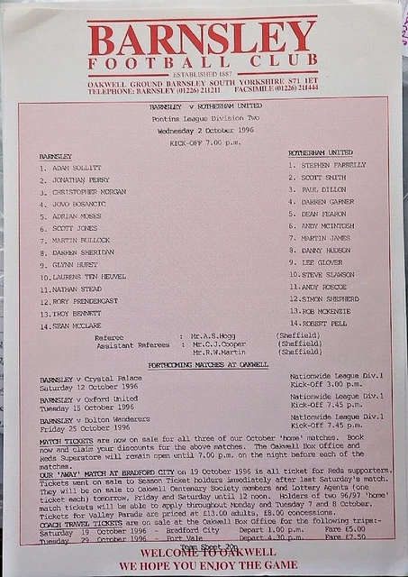BARNSLEY RESERVES V ROTHERHAM UNITED RESERVES 96-97 PONTINS LEAGUE A4 ...