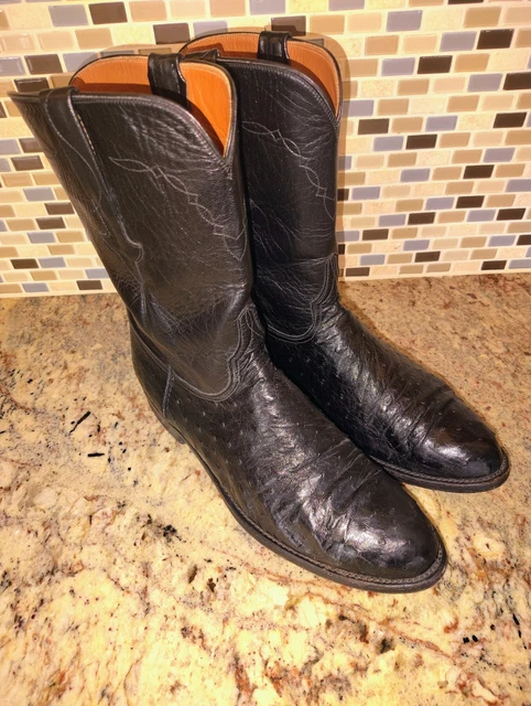 EUC LUCCHESE BLACK Ostrich Skin Leather Roper/Cowboy Boots - US Size 11 ...
