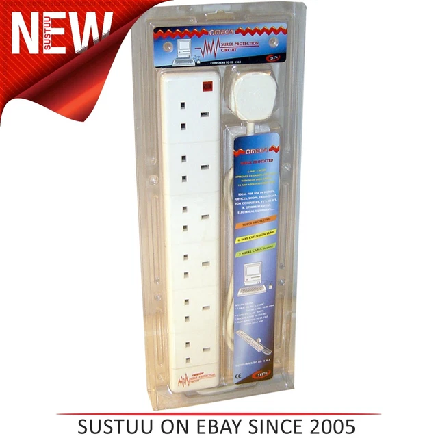 OMEGA 21276N 6 Way 2 Metres Surge Protected Extension Lead│Multi Plug ...