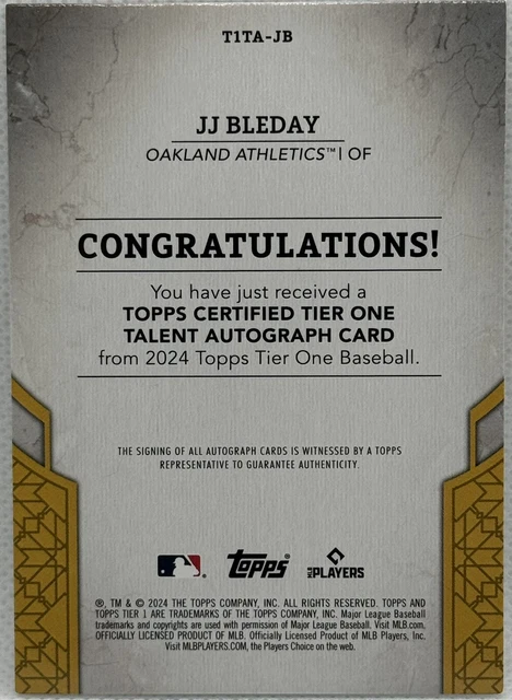 2024 TOPPS TIER One Talent JJ Bleday Lamina Oro Auto /99 T1TA-JB ...