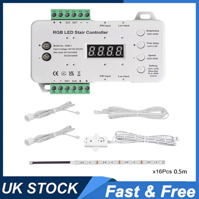 RGB LED STAIR Lighting Controller Full Kit Daylight/Motion Sensor Main ...
