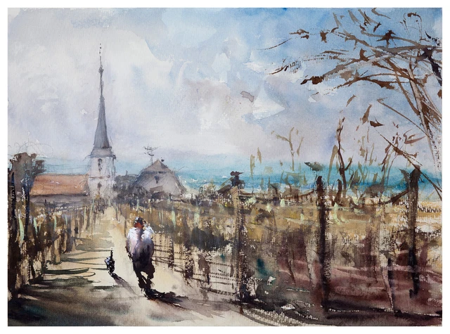 ORIGINAL AQUARELL GEMÄLDE Malerei impressionistisch Landschaft Weinberg Weinrebe EUR 150,00 ...