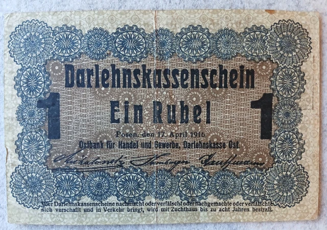 1 RUBEL POSEN 1916 banknote Darlehnskasse Ost note Rouble Germany, P ...