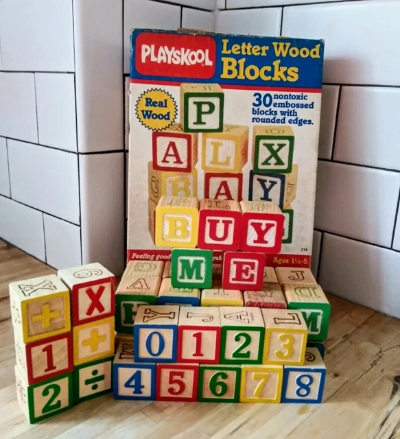 PLAYSKOOL REAL WOOD Letter & Numbers Blocks Original Box 45 Pieces 1987 ...