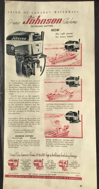 VINTAGE JOHNSON SEA-HORSE Outboard Motor Print Ad- 1956 $7.95 - PicClick CA