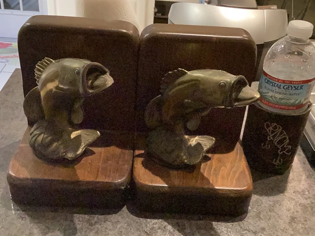 RARE VINTAGE - Nice And Heavy Brass Fish Trout Bookend 2 Pieces On Wood ...