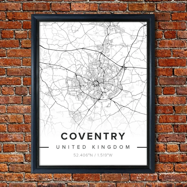 MAP OF COVENTRY Poster Black & White Map Novelty Gift Framed Art City ...