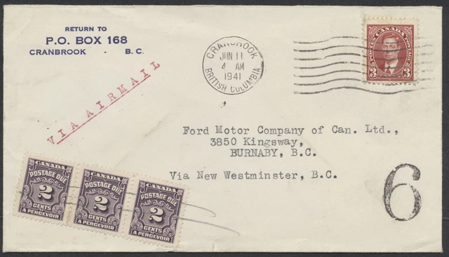 1941 POSTAGE DUE Cover Cranbrook BC to Burnaby Endorsed via AIRMAIL # ...