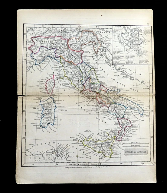 MAP OF ITALY Ancient Rome Antique Hand coloured Engraving 1832 ...